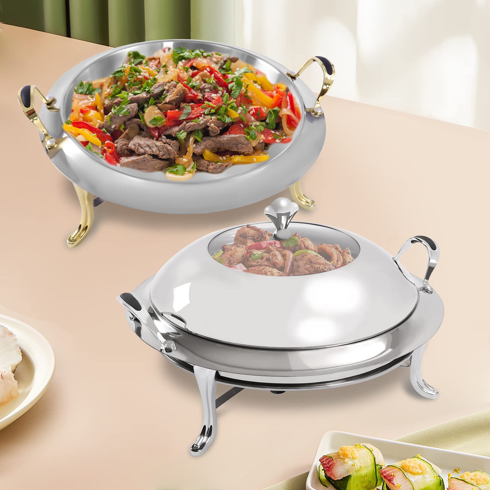 Stainless Steel Flat-Bottomed Chafing Dish, Round Durable Buffet Warmer Tray Durable Frame with Lid and Chafing Fuel Holder for Kitchen Party Dining Buffet-Without Water Pan (Gold-14.96in)