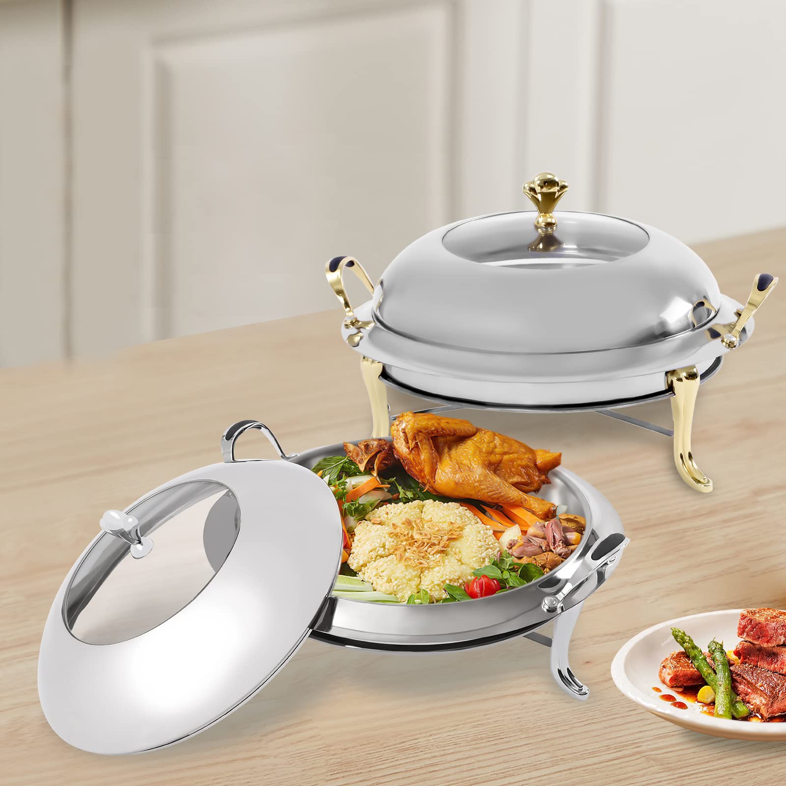 Stainless Steel Flat-Bottomed Chafing Dish, Round Durable Buffet Warmer Tray Durable Frame with Lid and Chafing Fuel Holder for Kitchen Party Dining Buffet-Without Water Pan (Gold-14.96in)
