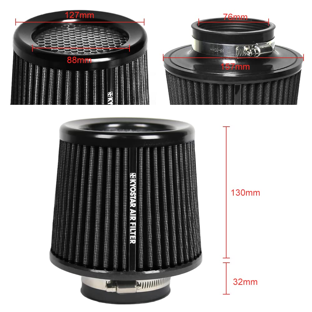 Kyostar Universal Black 3 Inch 76mm Air Intake Cone Filter Replacement Quality Dry Air Filter