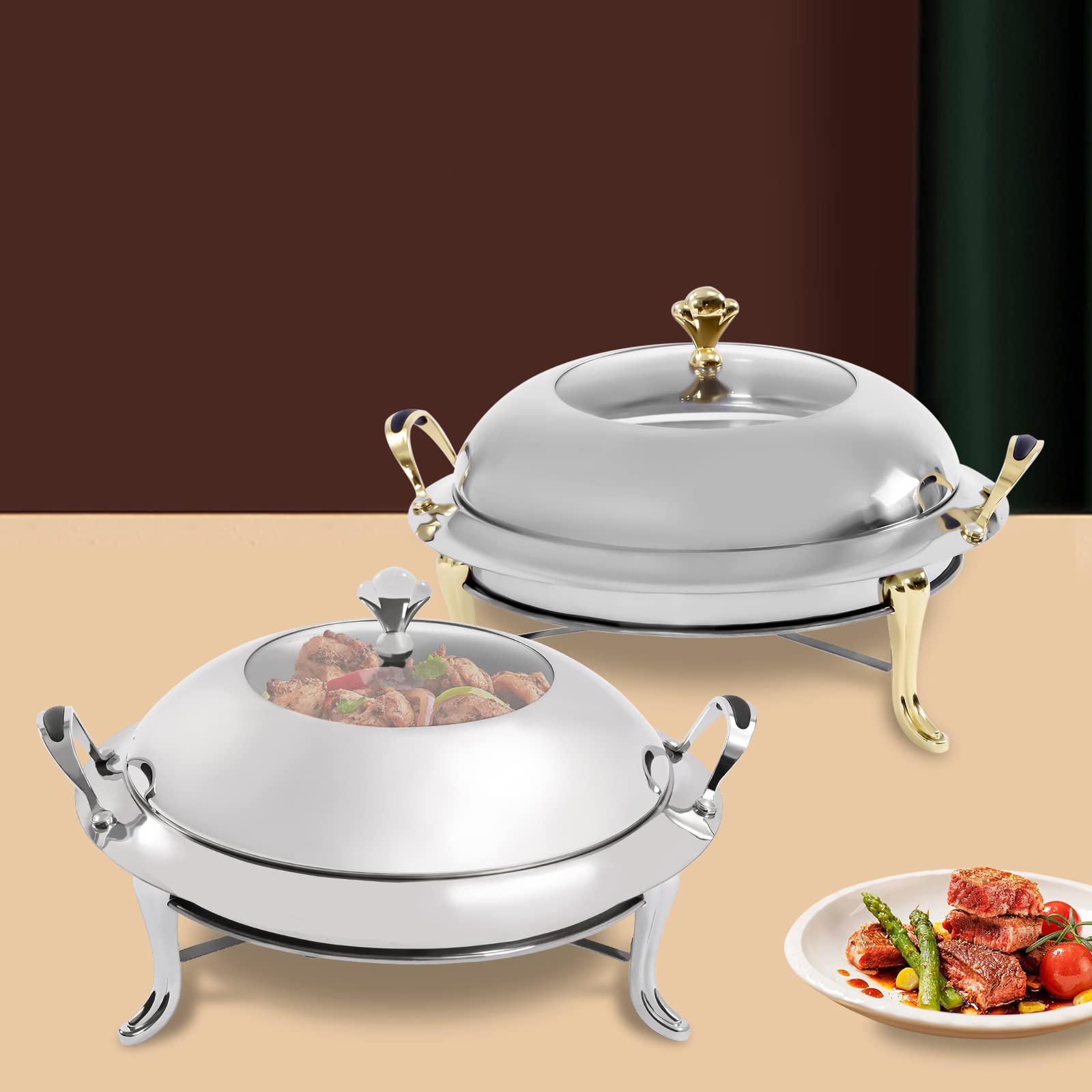 Stainless Steel Flat-Bottomed Chafing Dish, Round Durable Buffet Warmer Tray Durable Frame with Lid and Chafing Fuel Holder for Kitchen Party Dining Buffet-Without Water Pan (Gold-14.96in)