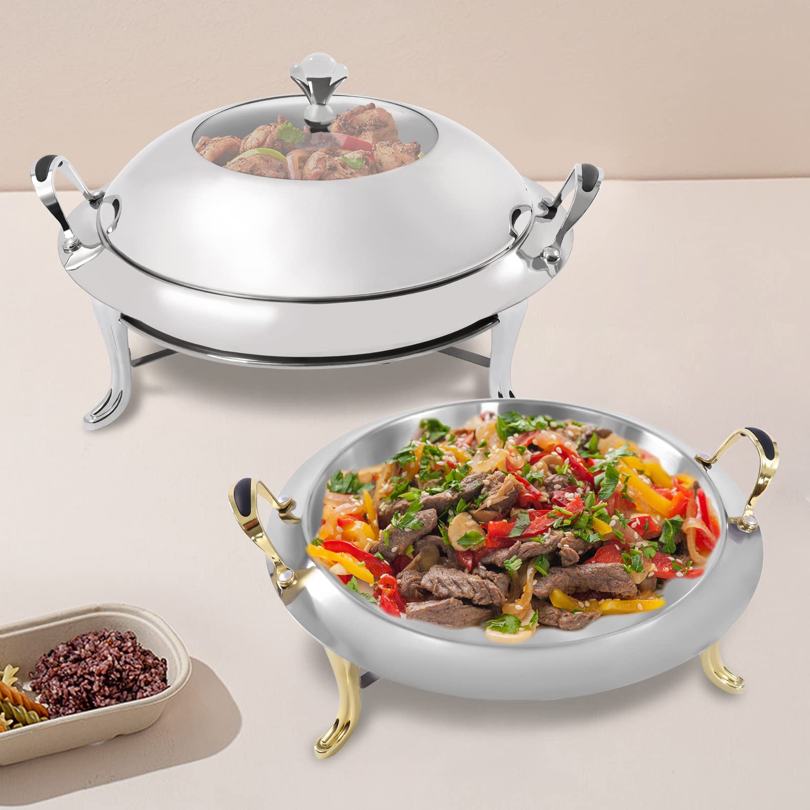 Stainless Steel Flat-Bottomed Chafing Dish, Round Durable Buffet Warmer Tray Durable Frame with Lid and Chafing Fuel Holder for Kitchen Party Dining Buffet-Without Water Pan (Gold-14.96in)