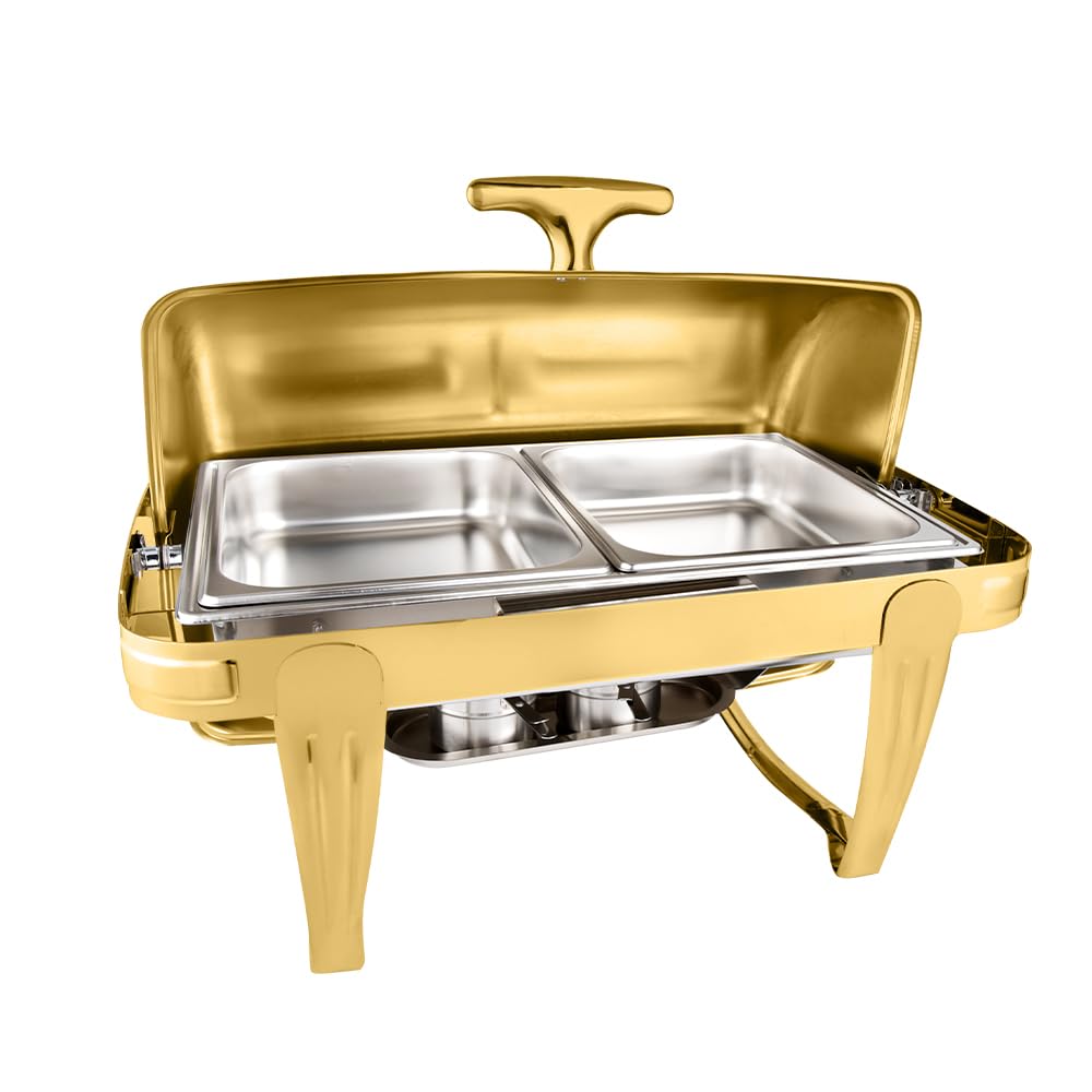 HONHPD Luxury Gold Roll Top Chafing Dish Buffet Set, 13 Litre Rectangular Stainless Steel Chafer, Buffet Servers and Warmers Set Warming Tray for Wedding, Parties, Banquet, Catering Events(Golden