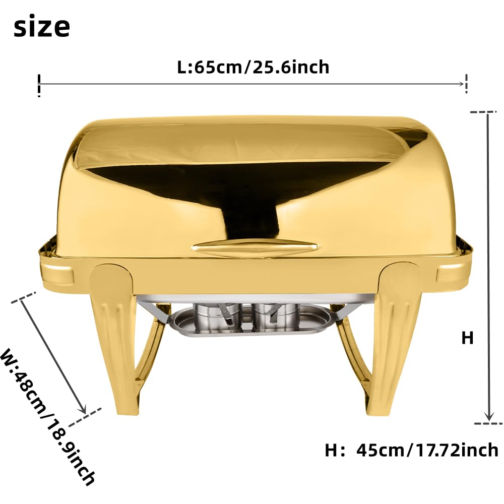 HONHPD Luxury Gold Roll Top Chafing Dish Buffet Set, 13 Litre Rectangular Stainless Steel Chafer, Buffet Servers and Warmers Set Warming Tray for Wedding, Parties, Banquet, Catering Events(Golden