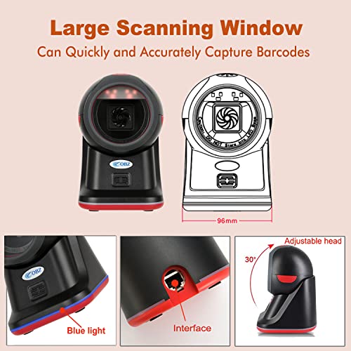 OBZ 1D 2D QR Hands-Free Barcode Scanner, Omnidirectional Automatic Sensing Scanning USB Wired Barcode Reader Adjustable Desktop Barcode Scanner for POS PC Supermarket Retail