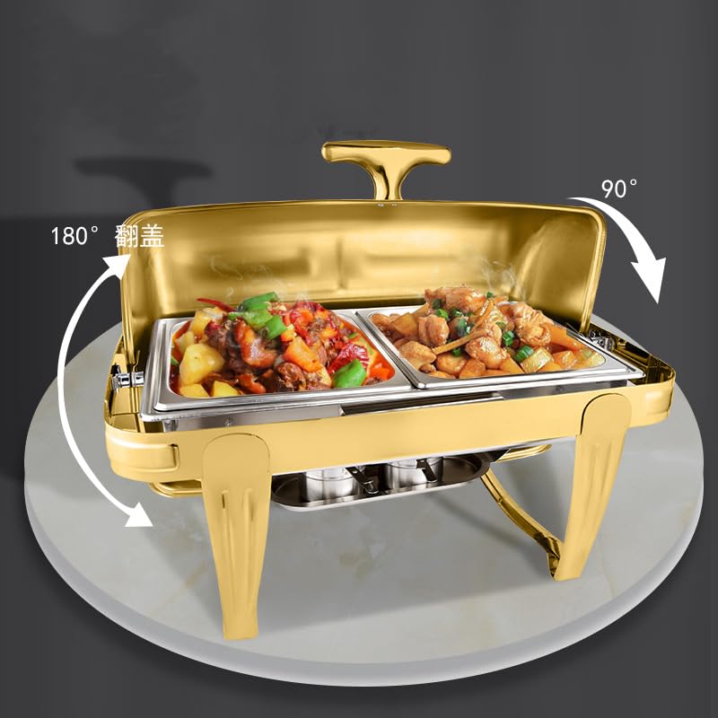 HONHPD Luxury Gold Roll Top Chafing Dish Buffet Set, 13 Litre Rectangular Stainless Steel Chafer, Buffet Servers and Warmers Set Warming Tray for Wedding, Parties, Banquet, Catering Events(Golden