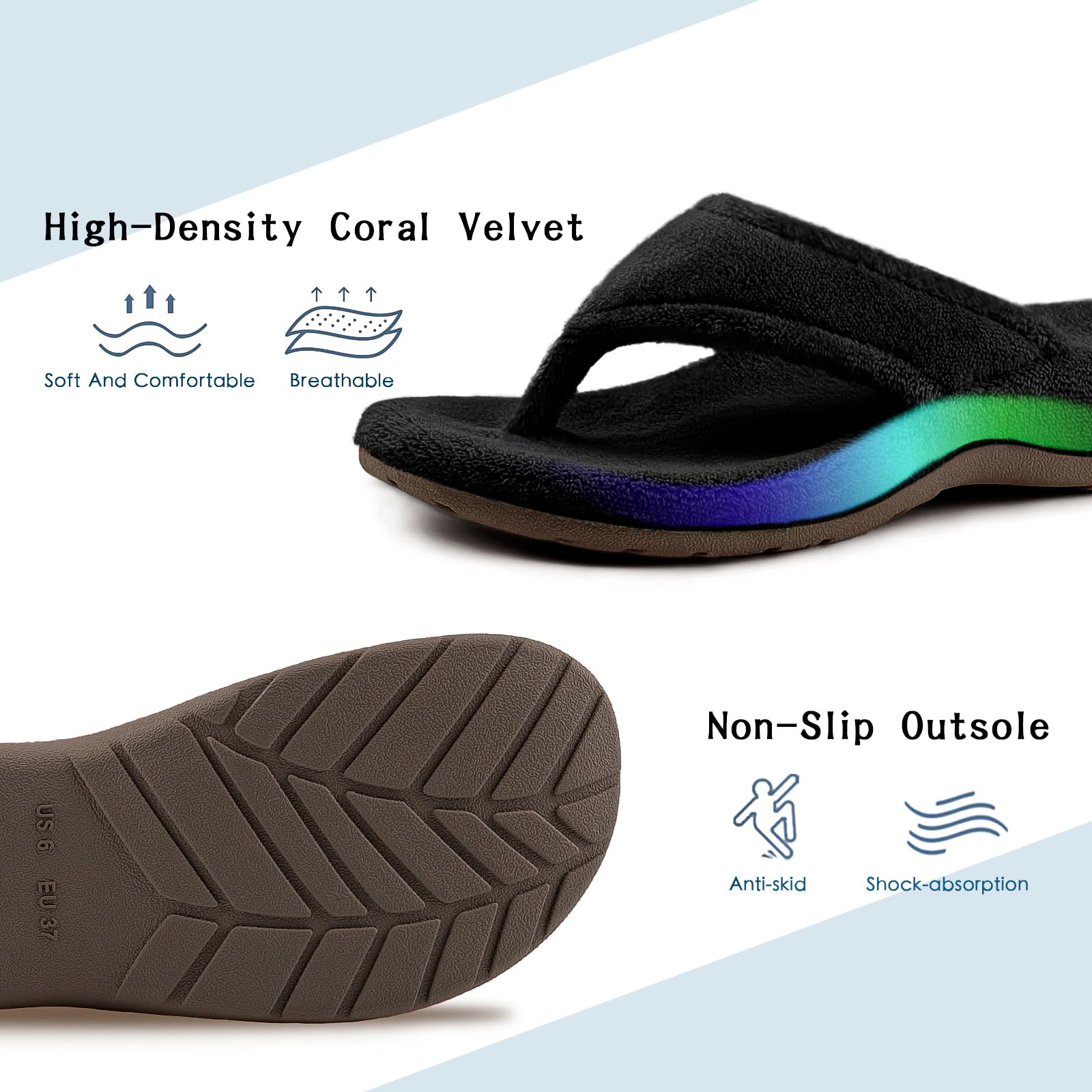 BCSTUDIO Women's Flip Flop Slippers with Arch Support Spa Thong slippers Orthotic Insole Fuzzy Slides Indoor Outdoor Size 11, Black