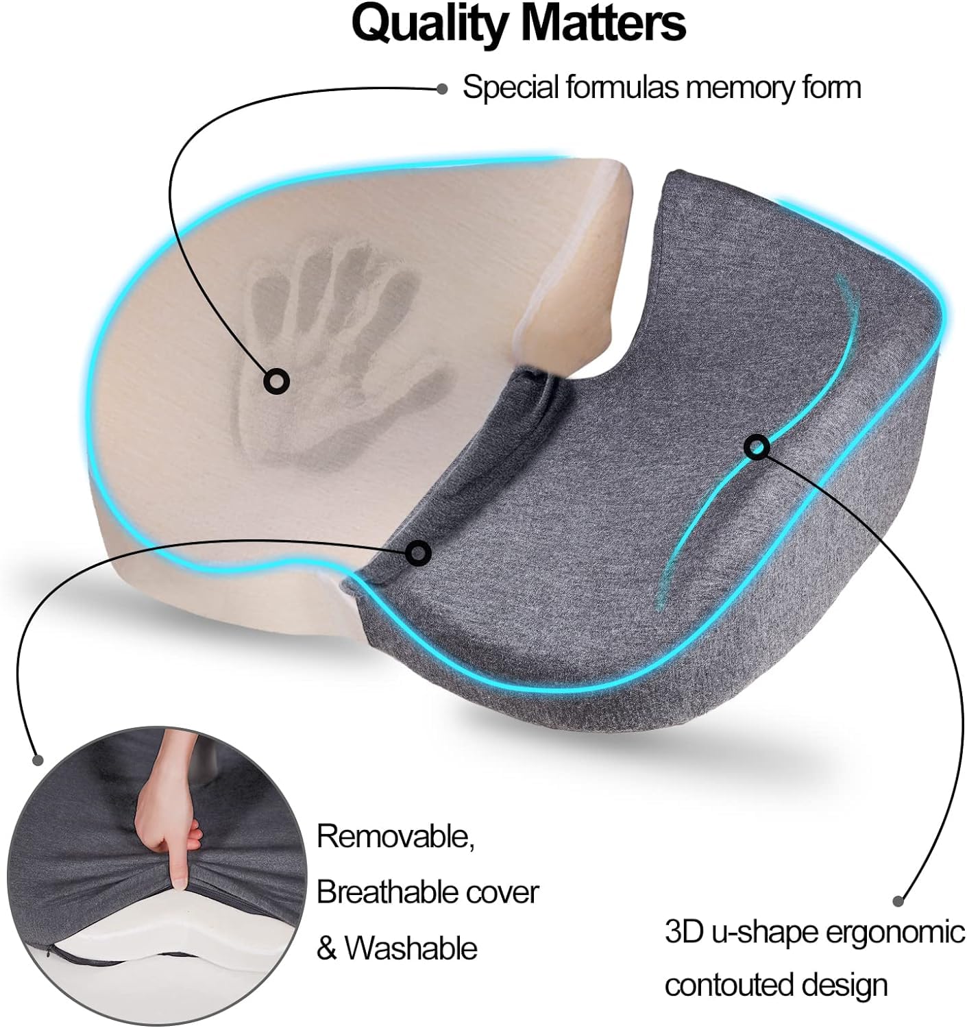 [Upgraded] Ergonomic Tailbone Pain Relief Seat Cushion for Sciatica, Coccyx, Low Back, Hip & Pressure Relief Pillow. Memory Foam Office Chair Cushions Comfortable for Gaming Desk Chair Car Seat