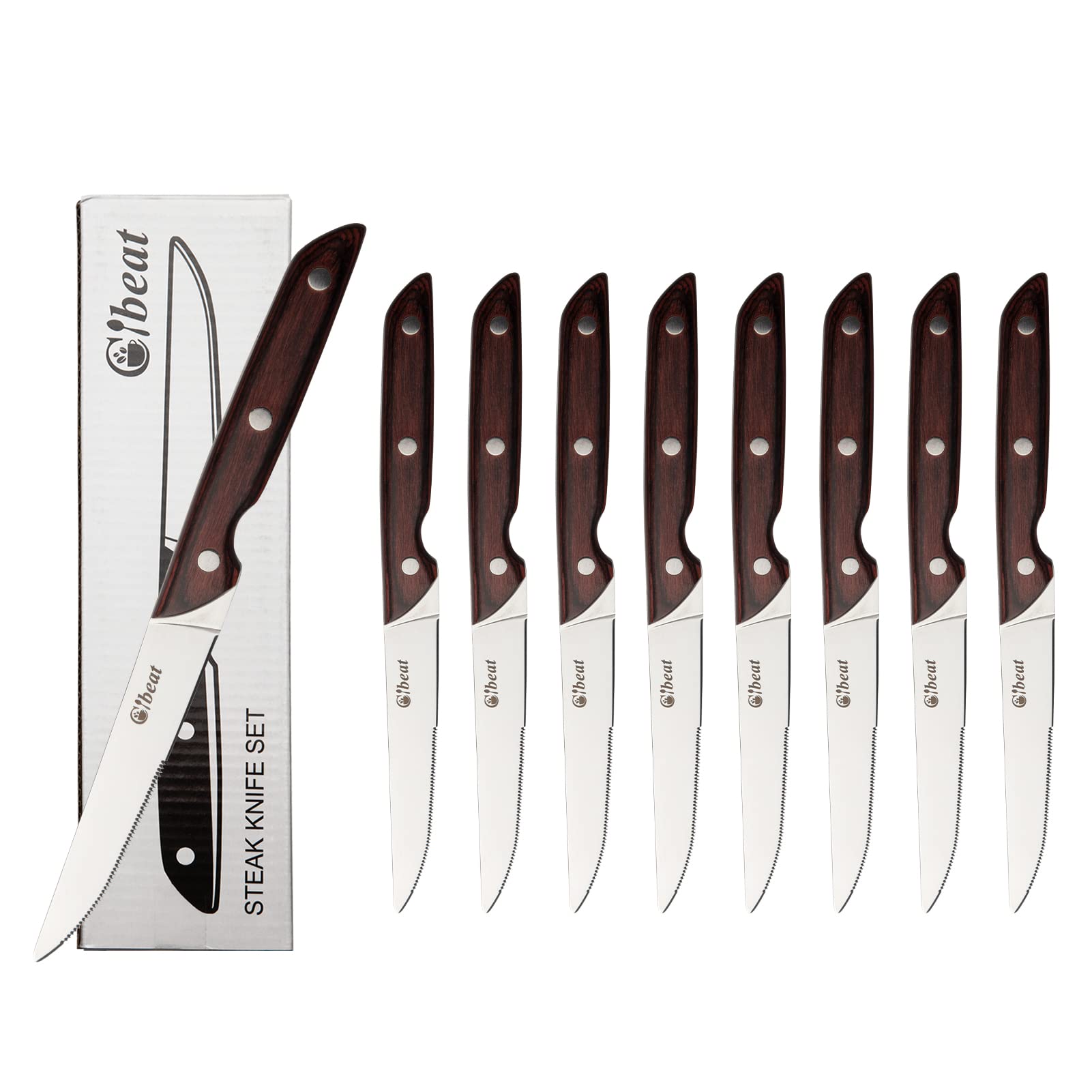 Fashionwu Serrated Steak Knife Set of 8, Stainless Steel Serrated Steak knives with Wood Handle, Sharp Knife for Cutting Meat, Fine Edge Steak Knife Set, Rust Resistant