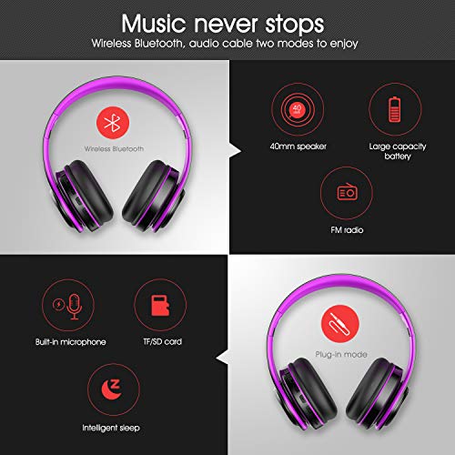 Funwaretech Wireless Bluetooth Headphones Over Ear with Mic,Noise Cancelling Headphones Bluetooth 5.0, Foldable Hi-Fi Stereo Wireless Headphones,Soft Memory-Protein Earmuffs for Travel/Work, Purple