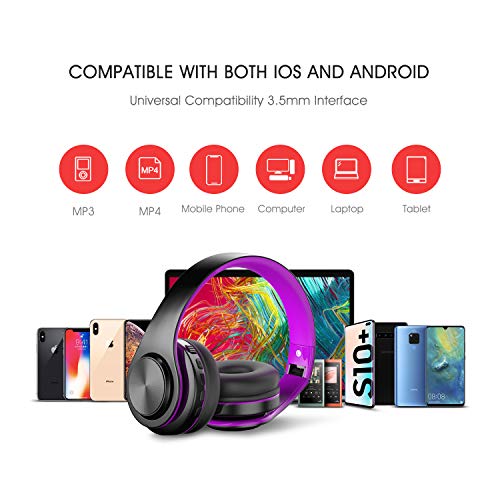 Funwaretech Wireless Bluetooth Headphones Over Ear with Mic,Noise Cancelling Headphones Bluetooth 5.0, Foldable Hi-Fi Stereo Wireless Headphones,Soft Memory-Protein Earmuffs for Travel/Work, Purple