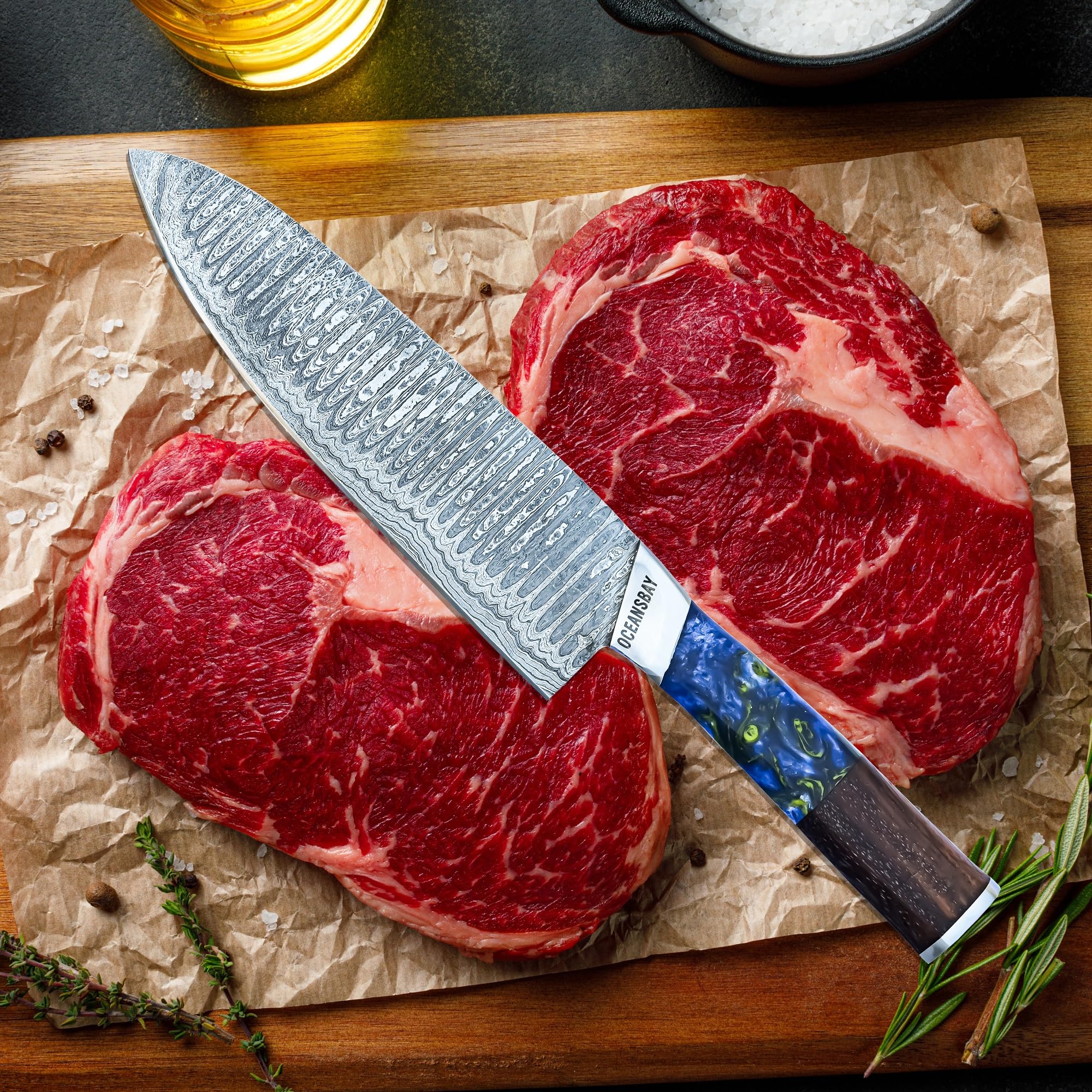 OceansBay 7" Super Sharp Professional Chef Knife with Laser Damascus Pattern in Gift Box, Premium Stainless Steel Kitchen Knife use for Meat, Sushi and Vegetable Chef Knives with Ergonomic Handle