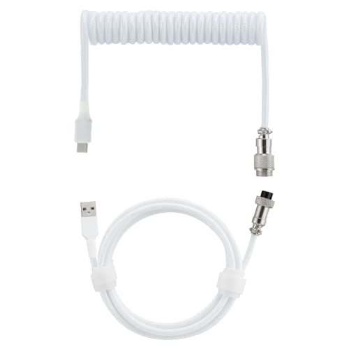 POWSURGE Keyboard Cable, 1.5m/59in Type-C to USB Detachable Coiled Cable with Metal Aviation Connector, Double-Sleeved Anti-Twist Data Cable for Mechanical Gaming Keyboards, White (White)