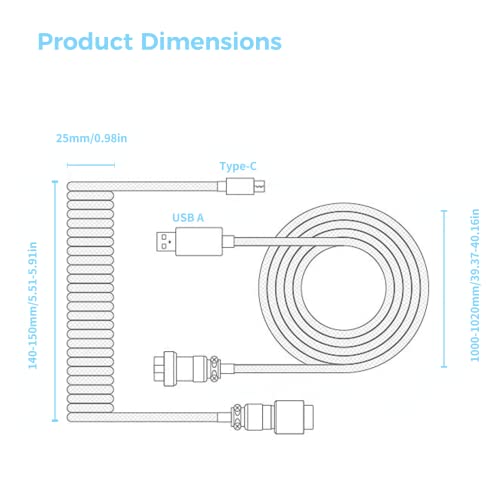POWSURGE Keyboard Cable, 1.5m/59in Type-C to USB Detachable Coiled Cable with Metal Aviation Connector, Double-Sleeved Anti-Twist Data Cable for Mechanical Gaming Keyboards, White (White)