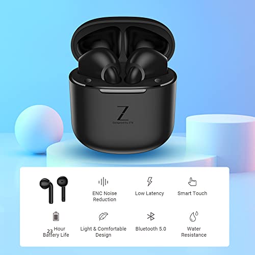 ZTE Buds- Noise Canceling Wireless Earbuds,Bluetooth Earphones,Waterproof IPX4 Low Latency in Ear Headphones-Suitable for Android and iOS,Black