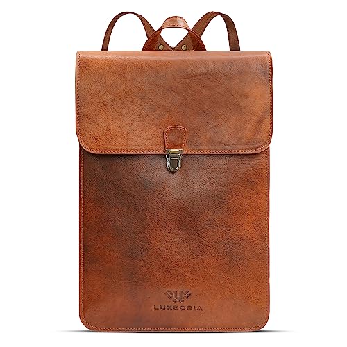 LUXEORIA Genuine Leather Backpack for Men and Women, Minimalistic Leather Backpack, Handmade Retro Style 15.6" Laptop Bag, Hiking Shoulder Daypack - Vintage TAN