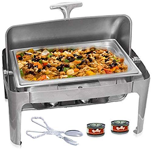 TigerChef Chafing Dish Buffet Set - Roll Top Chaffing Dishes Stainless Steel - 3 Chafer and Buffet Warmer Set with 6 Fuel Gel and 3 Plastic Tongs