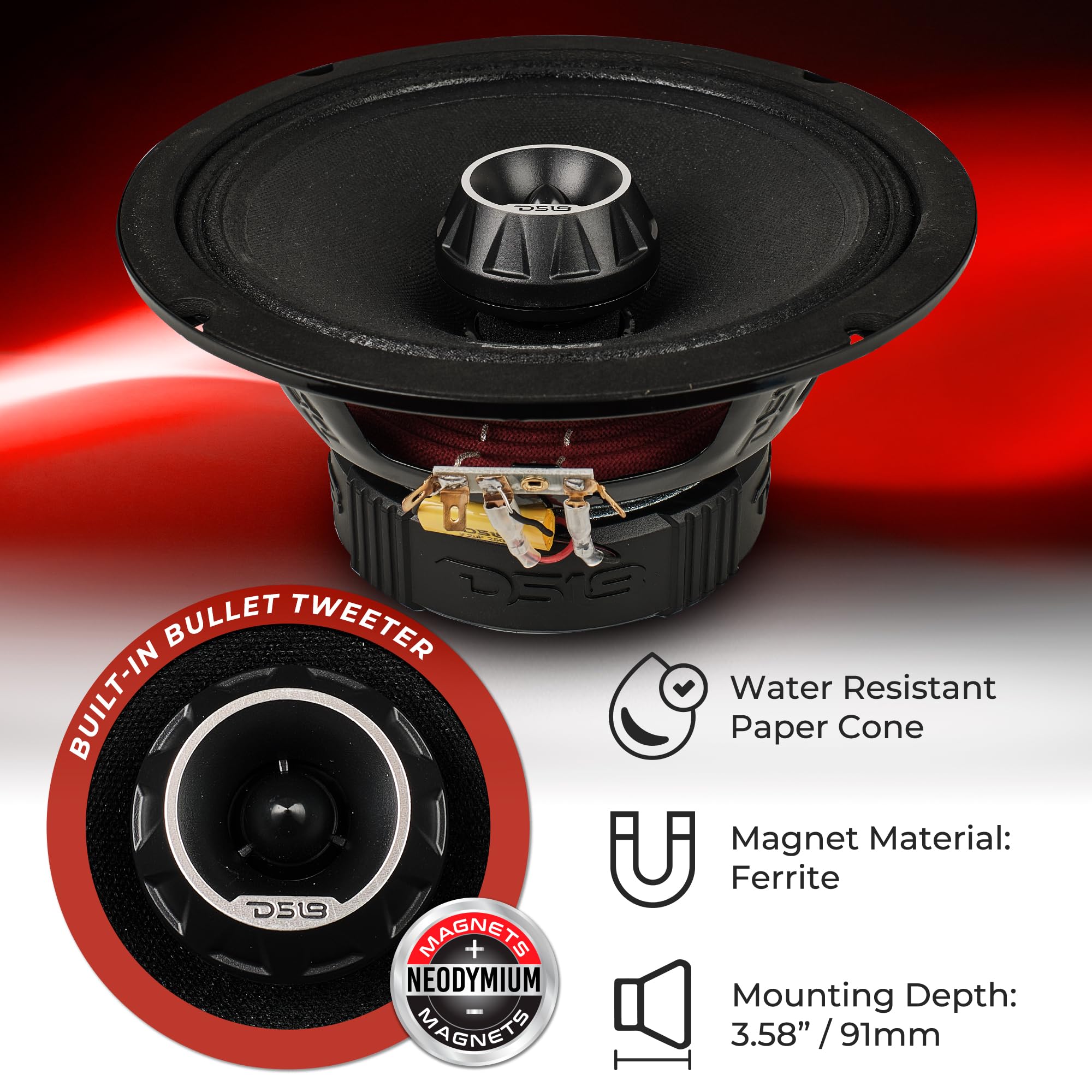 DS18 PRO-ZT Pro Audio Coaxial Midrange Speakers with Built-in Bullet Tweeter, 4-Ohms, Water Resistant - Black Metal Mesh Grill Included (1 Speaker) (8" inches)