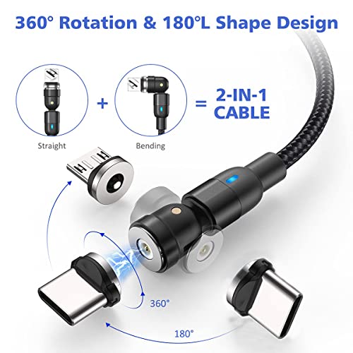 Yidawin Magnetic Charging Cable (4 Pack 1.6ft+3.3ft+6.6ft+10ft), 540° Rotation Magnetic USB Cable, Nylon Braided Magnetic Phone Charger Cable for Type C, Micro USB, iProduct