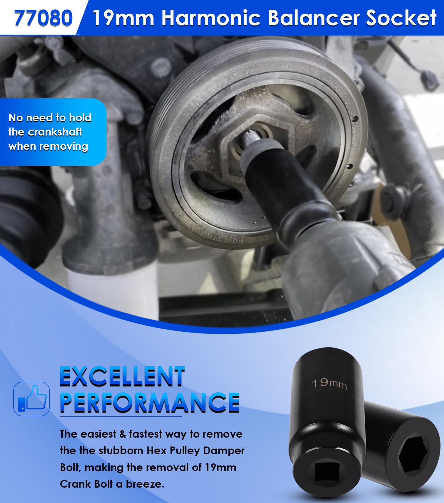 For Honda 19mm Crank Bolt Socket 77080 Harmonic Balancer Socket Tool, 3 Times Momentum Power of Standard Impact Socket