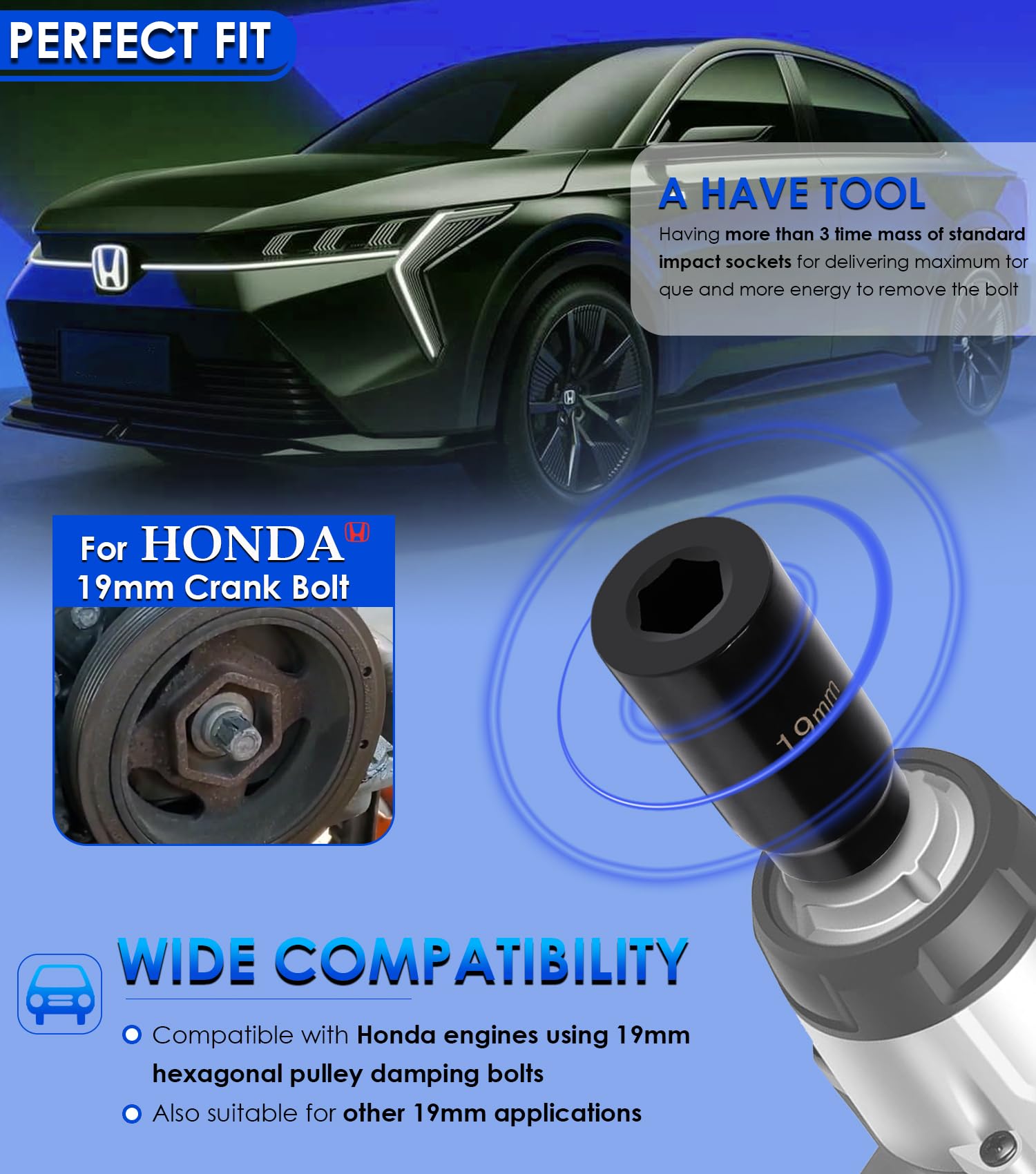 For Honda 19mm Crank Bolt Socket 77080 Harmonic Balancer Socket Tool, 3 Times Momentum Power of Standard Impact Socket