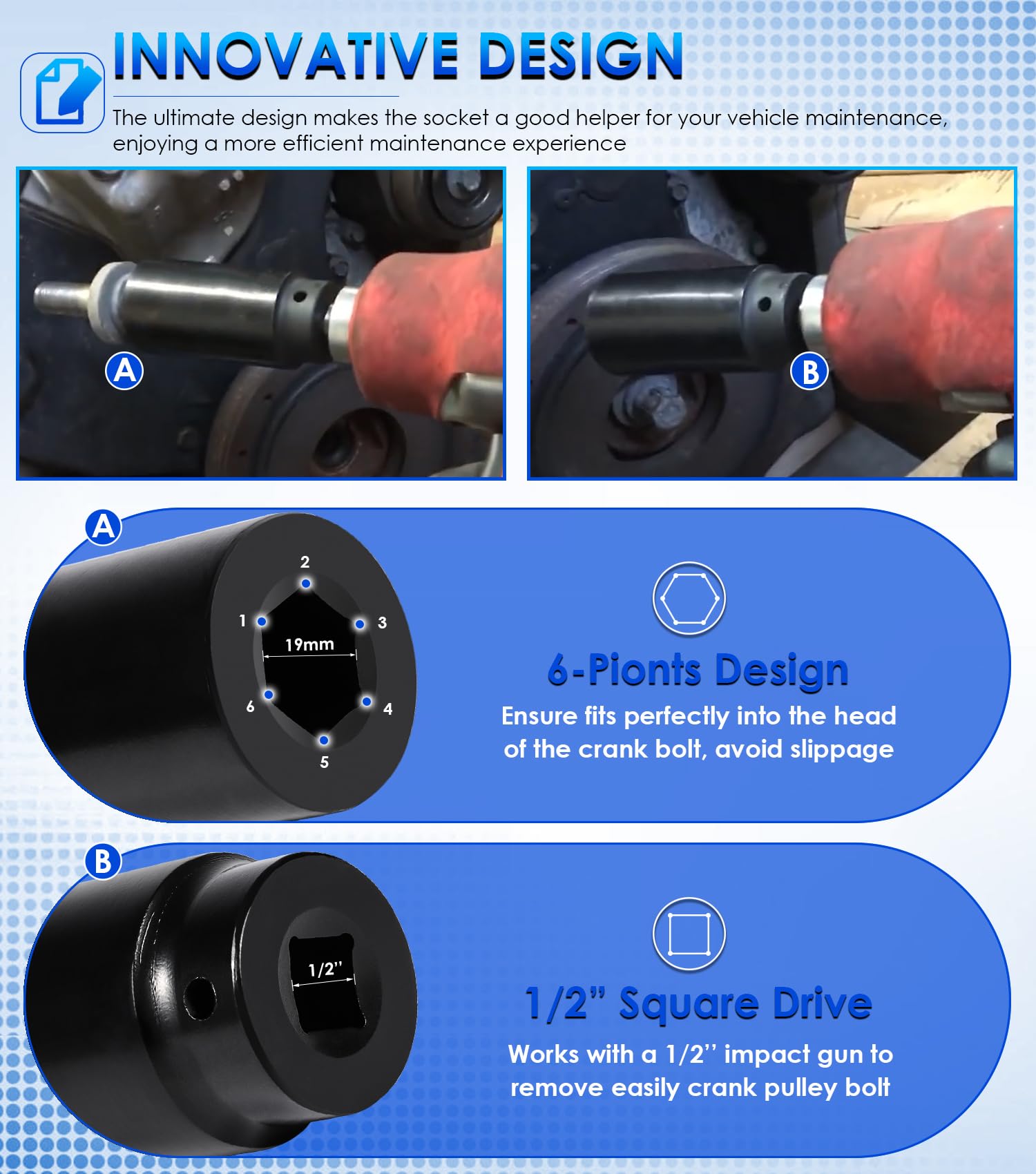 For Honda 19mm Crank Bolt Socket 77080 Harmonic Balancer Socket Tool, 3 Times Momentum Power of Standard Impact Socket