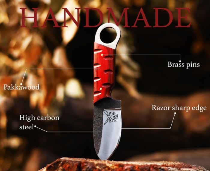ADAM KNIVES Fixed Blade Carbon Steel Outdoor Knife with Pancake Leather Sheath, 7'' Full Tang Skining Knife,Non-Slip Wooden Handle,Camping Knife (Orange)
