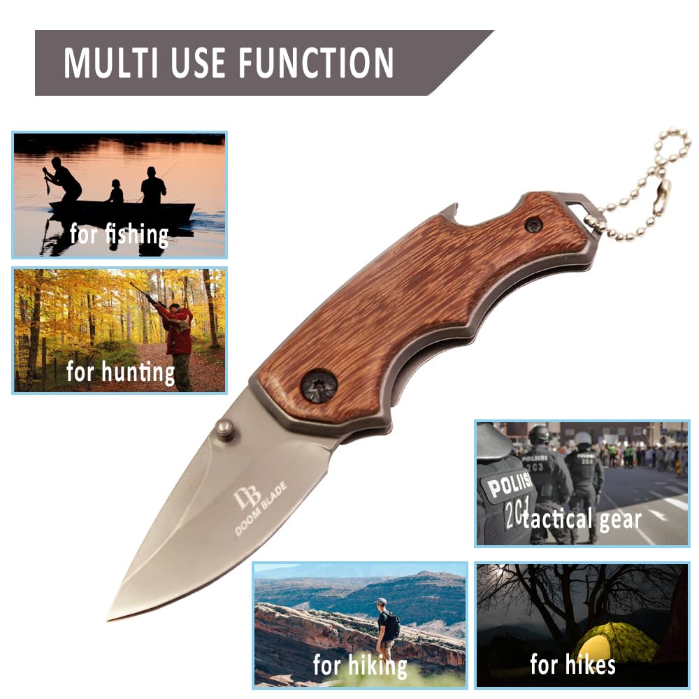 DOOM BLADE Folding Pocket Knife with Wood Handle,7Cr13Mov Hard Steel Blade,Hunting EDC Knife Multi-tool Survival Knife with Keychain and Bottle Opener,Lightweigt,for Outdoor Camping (Type-2)