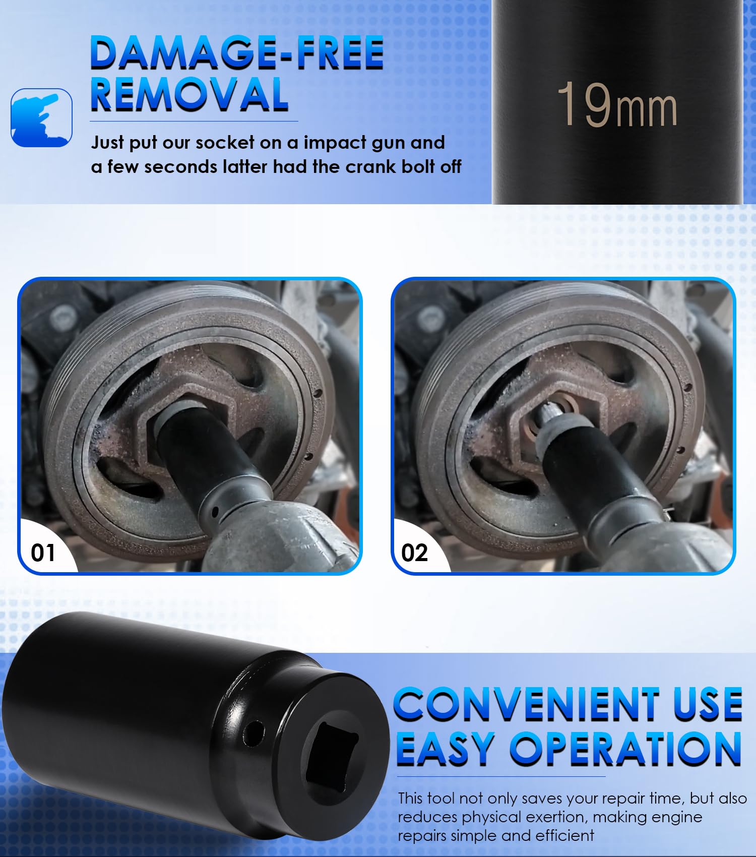 For Honda 19mm Crank Bolt Socket 77080 Harmonic Balancer Socket Tool, 3 Times Momentum Power of Standard Impact Socket