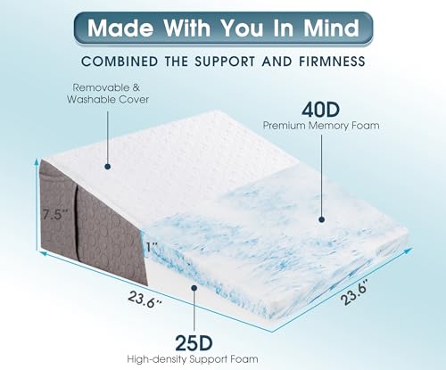 LOSKIA 7.5" Wedge Pillow for Acid Reflux Relief/Seniors, Wedge for Bed to Elevate Head, Acid Reflux Pillow, with Memory Foam Top Bed Wedge Pillow for Sleeping,Reading,Rest,Leg Elevation