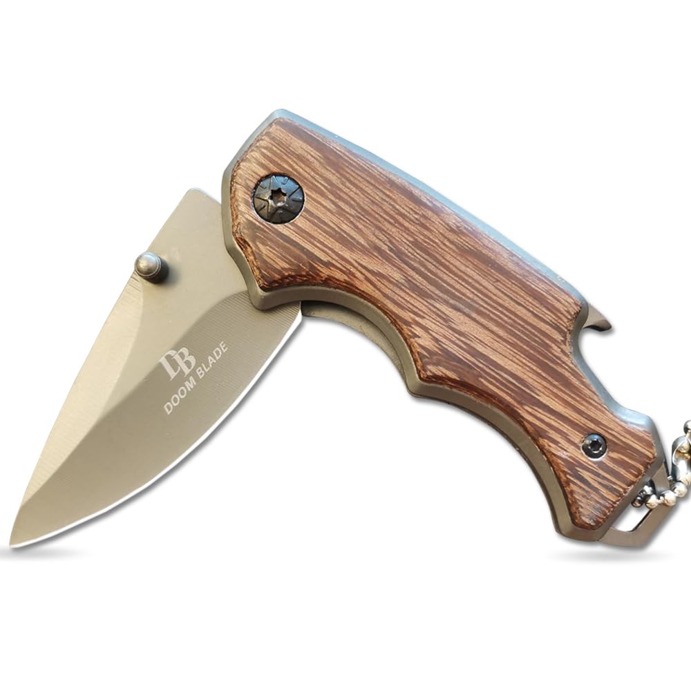 DOOM BLADE Folding Pocket Knife with Wood Handle,7Cr13Mov Hard Steel Blade,Hunting EDC Knife Multi-tool Survival Knife with Keychain and Bottle Opener,Lightweigt,for Outdoor Camping (Type-2)
