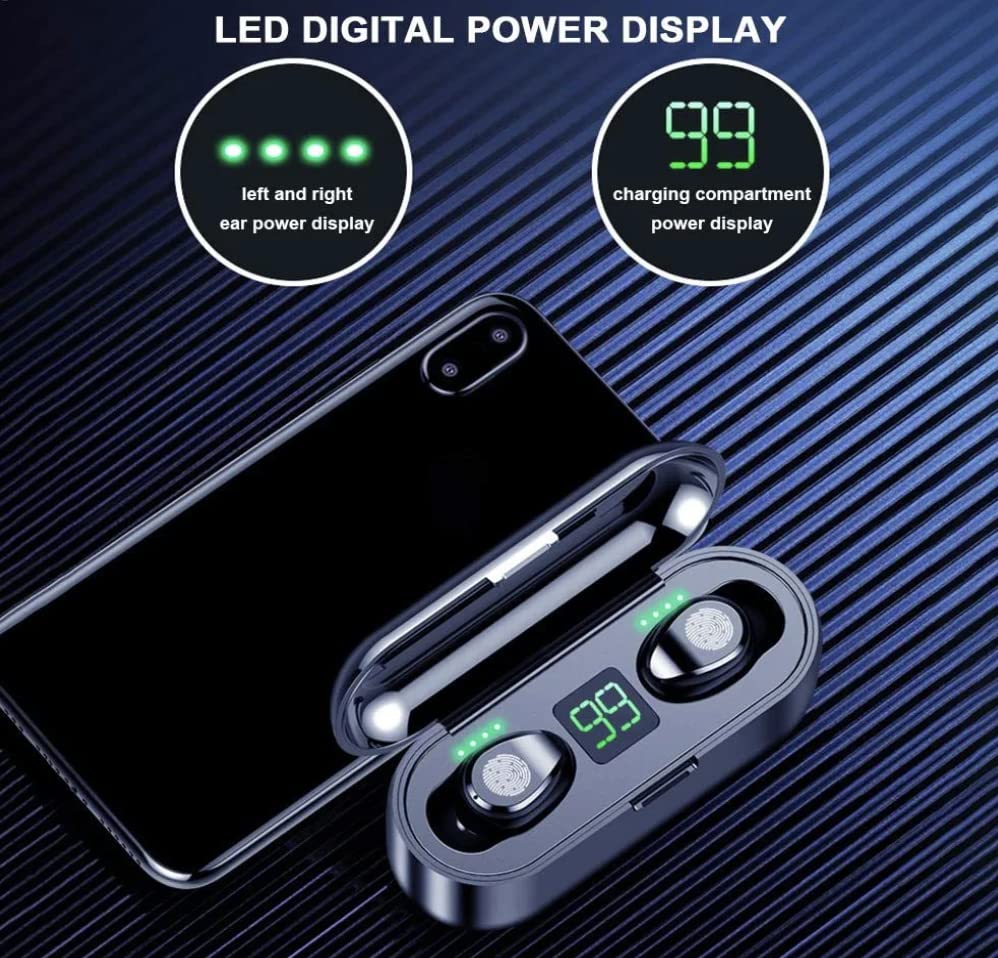 BAHASYA Wireless Bluetooth Earbuds with Digital Charging Case, Built-in Mic, Noise Cancelling, Waterproof, Deep Bass Earphones, in Ear Stereo Headphones for Sport, Gym, Running, Gaming (Black)