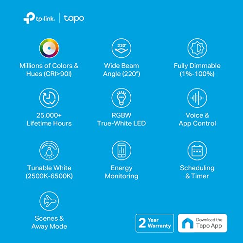TP-Link Tapo Smart Light Bulbs, 16M Colors RGBW, Dimmable, Compatible with Alexa and Google Home, A19, 60W Equivalent, 800LM CRI>90, 2.4GHz WiFi only, No Hub Required, Tapo L530E(4-Pack)