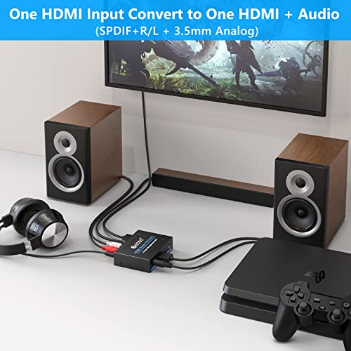 eSynic 4K HDMI Audio Extractor HDMI to HDMI + Optical TOSLINK SPDIF + Analog RCA L/R +3.5mm Jack Stereo Audio Video Splitter Converter with Power ON/Off Switch Support 4K Full HD1080p 3D