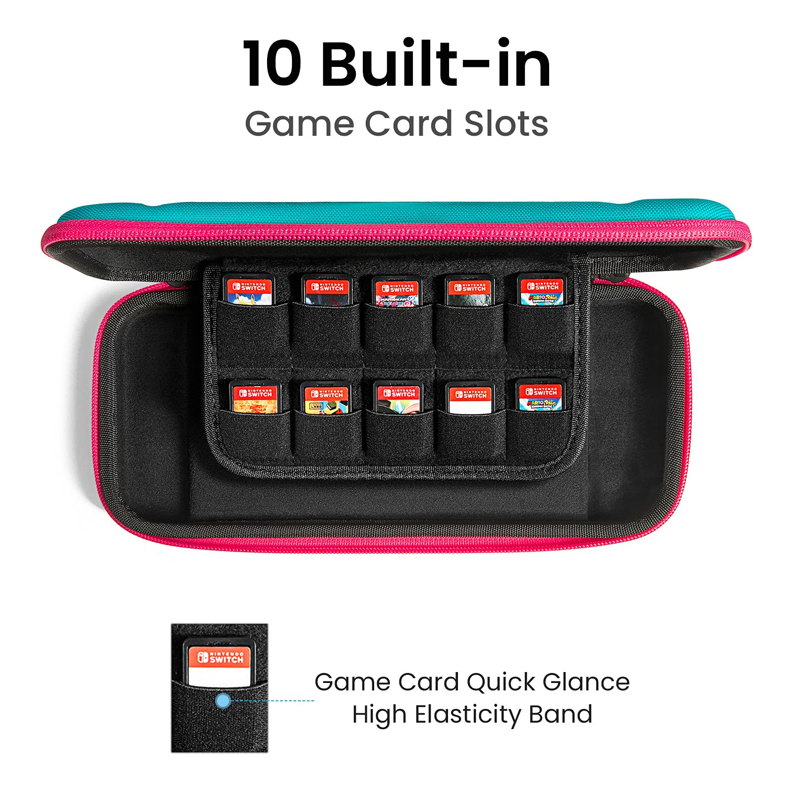 tomtoc Carry Case for Nintendo Switch, Ultra Slim Hard Shell with 10 Game Cartridges, Protective Carrying Case for Travel, with Original Patent and Military Level Protection, Peacock Blue