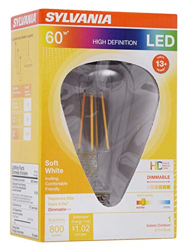 SYLVANIA LED Filament Light Bulb, ST19 Edison, 60W Equivalent, Efficient 8.5W, 13 Year, Dimmable, 800 Lumen, Clear Finish, 2700K, Soft White - 1 Pack (40255)