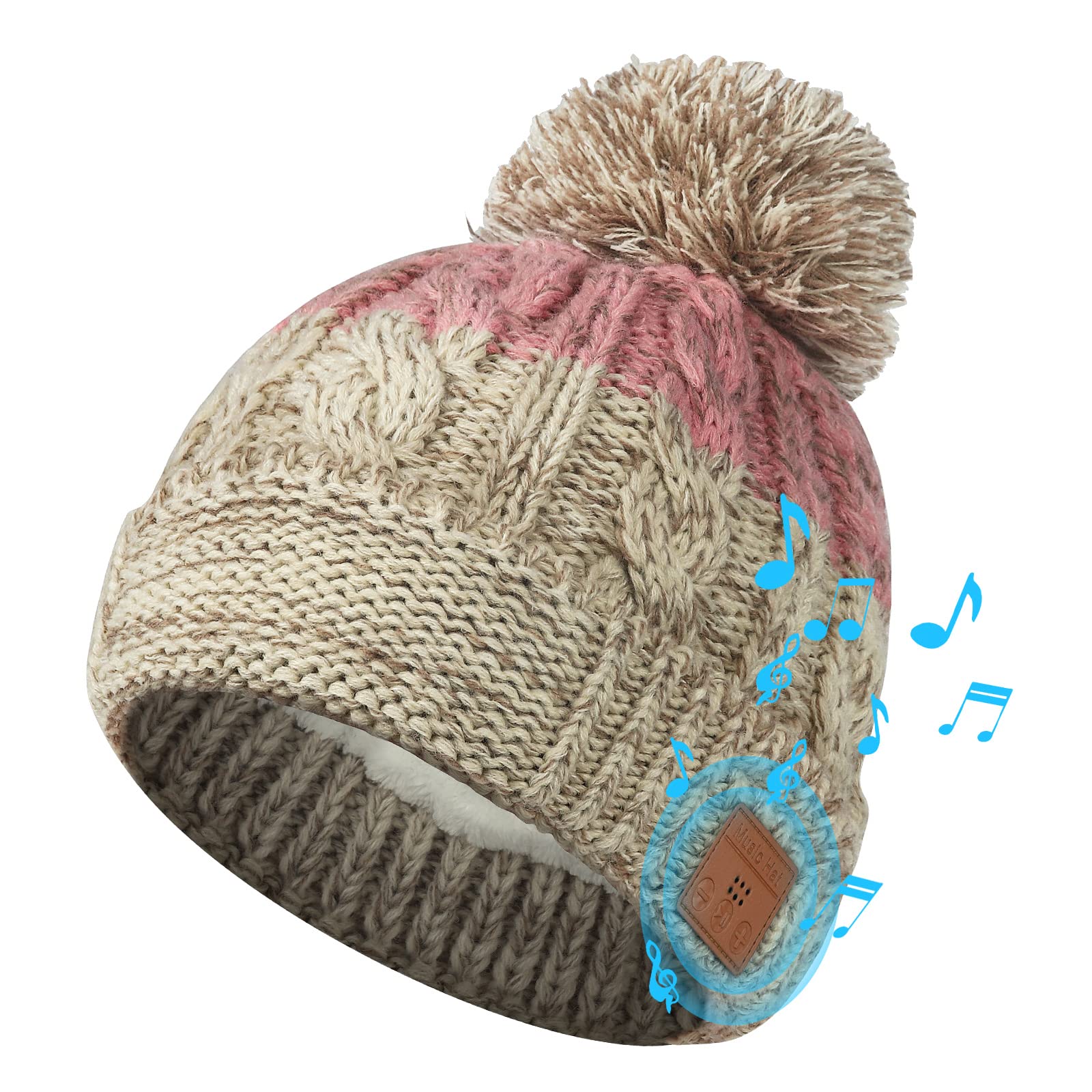 Bluetooth Beanie for Women, Wireless Knit Winter Cap, Built in Microphone and HD Stereo Speakers, Beanie Hat with Headphones for Outdoor Homes and Gifts (Khaki & Pink)