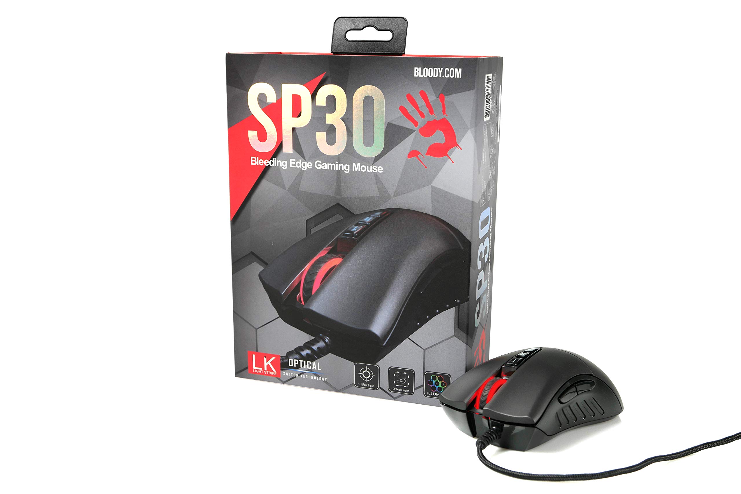 BLOODY SP30 Ergonomic Optical Switch Gaming Mouse - Fastest Mouse Switch in Gaming - Enthusiast Grade Sensor - 8 Programmable Buttons - Non-Slip Rubberized Black