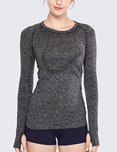 CRZ YOGA Women's Seamless Athletic Long Sleeves Sports Running Shirt Breathable Gym Workout Top Black/White-Slim Fit Large