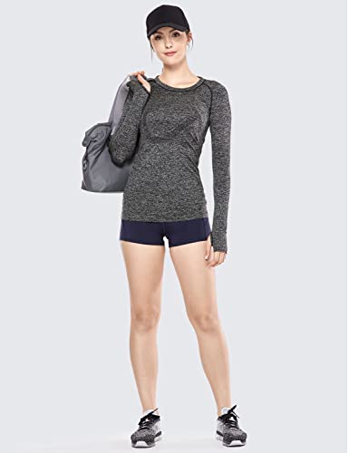 CRZ YOGA Women's Seamless Athletic Long Sleeves Sports Running Shirt Breathable Gym Workout Top Black/White-Slim Fit Large