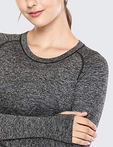 CRZ YOGA Women's Seamless Athletic Long Sleeves Sports Running Shirt Breathable Gym Workout Top Black/White-Slim Fit Large