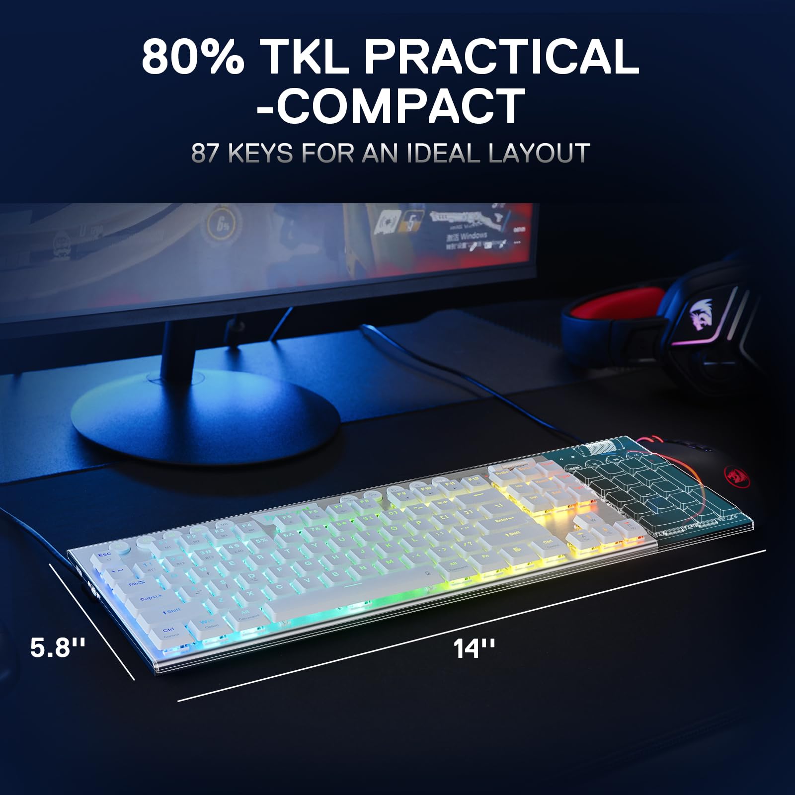 Redragon K621 Horus TKL Wireless RGB Mechanical Keyboard, 5.0 BT/2.4 Ghz/Wired Three Modes 80% Ultra-Thin Low Profile BT Keyboard w/Dedicated Media Control & Tactile Brown Switches, White