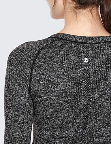 CRZ YOGA Women's Seamless Athletic Long Sleeves Sports Running Shirt Breathable Gym Workout Top Black/White-Slim Fit Large