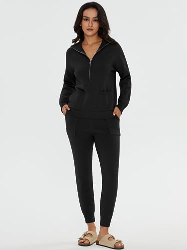 DEEP SELF Black Two Piece Sweater Set for Women Half Zip V Neck Pullover High Waist Sweatpants Knit Pajamas Set