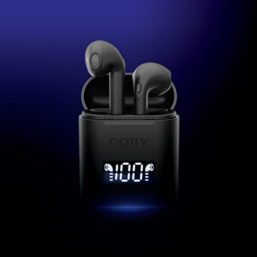 Coby True Wireless Earbuds with Charging Case, Wireless Bluetooth Earbuds, in Ear Headphones Wireless Bluetooth, Smart Battery Display, Built-in Microphone, Auto Pairing, 6.5 Hours Play, (Black)