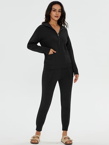 DEEP SELF Black Two Piece Sweater Set for Women Half Zip V Neck Pullover High Waist Sweatpants Knit Pajamas Set