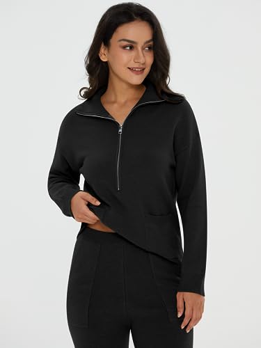 DEEP SELF Black Two Piece Sweater Set for Women Half Zip V Neck Pullover High Waist Sweatpants Knit Pajamas Set