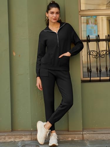 DEEP SELF Black Two Piece Sweater Set for Women Half Zip V Neck Pullover High Waist Sweatpants Knit Pajamas Set