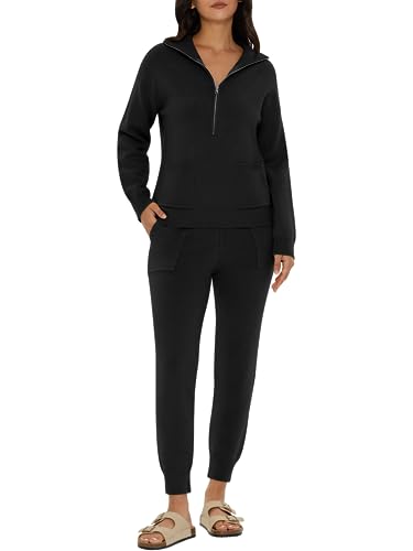 DEEP SELF Black Two Piece Sweater Set for Women Half Zip V Neck Pullover High Waist Sweatpants Knit Pajamas Set