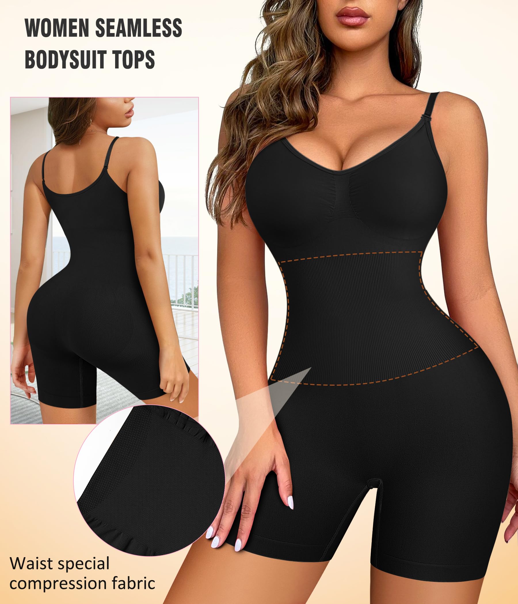 Irisnaya Women Slimming Bodysuits Shapewear Tops Tummy Control Body Shaper Spaghetti Strap Camisole Leotards Bodycon Jumpsuit (Black Mid Thigh, X-Small/Small)