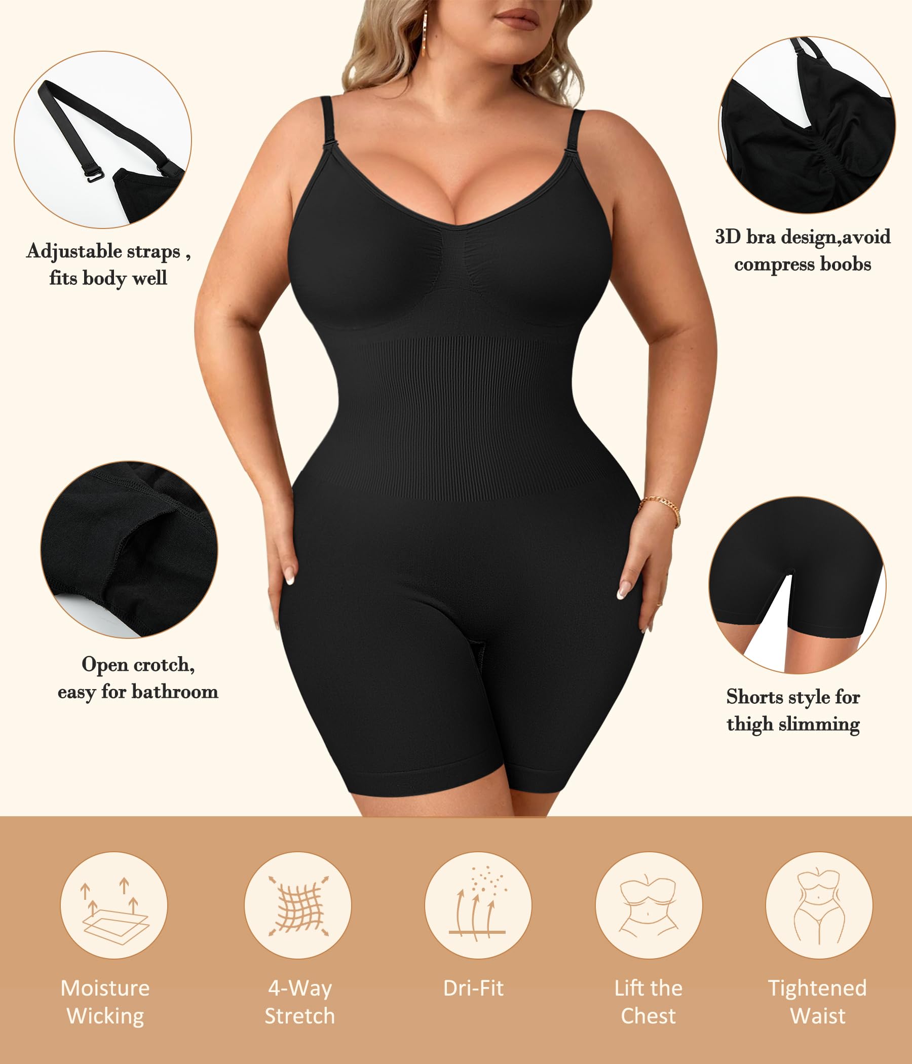 Irisnaya Women Slimming Bodysuits Shapewear Tops Tummy Control Body Shaper Spaghetti Strap Camisole Leotards Bodycon Jumpsuit (Black Mid Thigh, X-Small/Small)